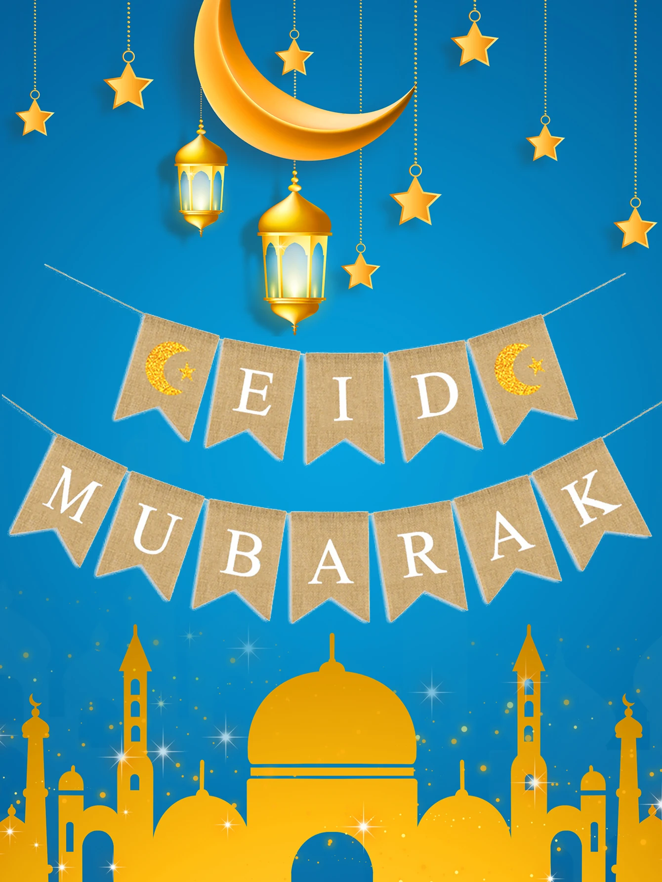 1set linen Eid Mubarak Banner Ramadan Eid al-Fitr Decorations Star Moon ...