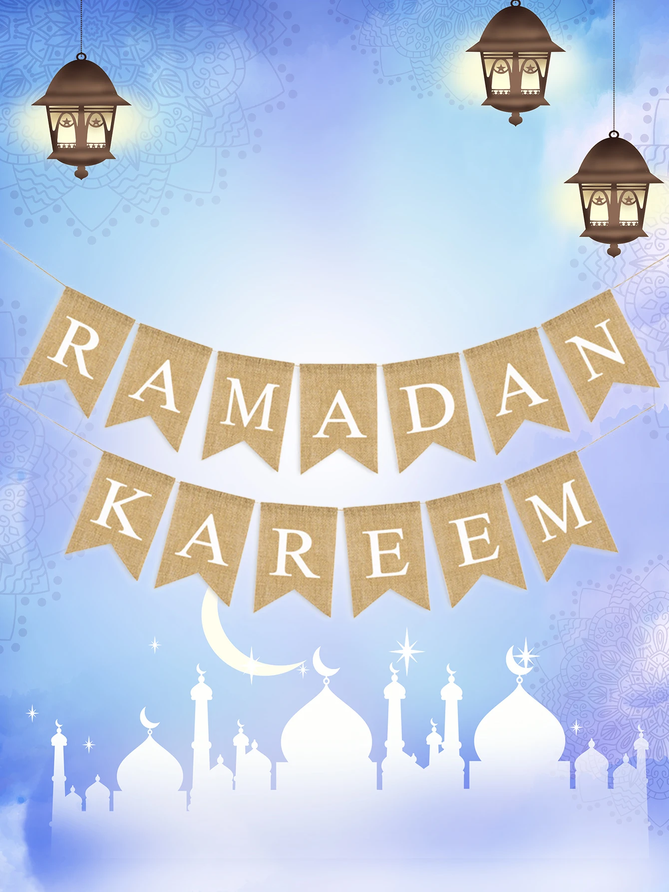 1set linen Eid Mubarak Banner Ramadan Eid al-Fitr Decorations Star Moon ...