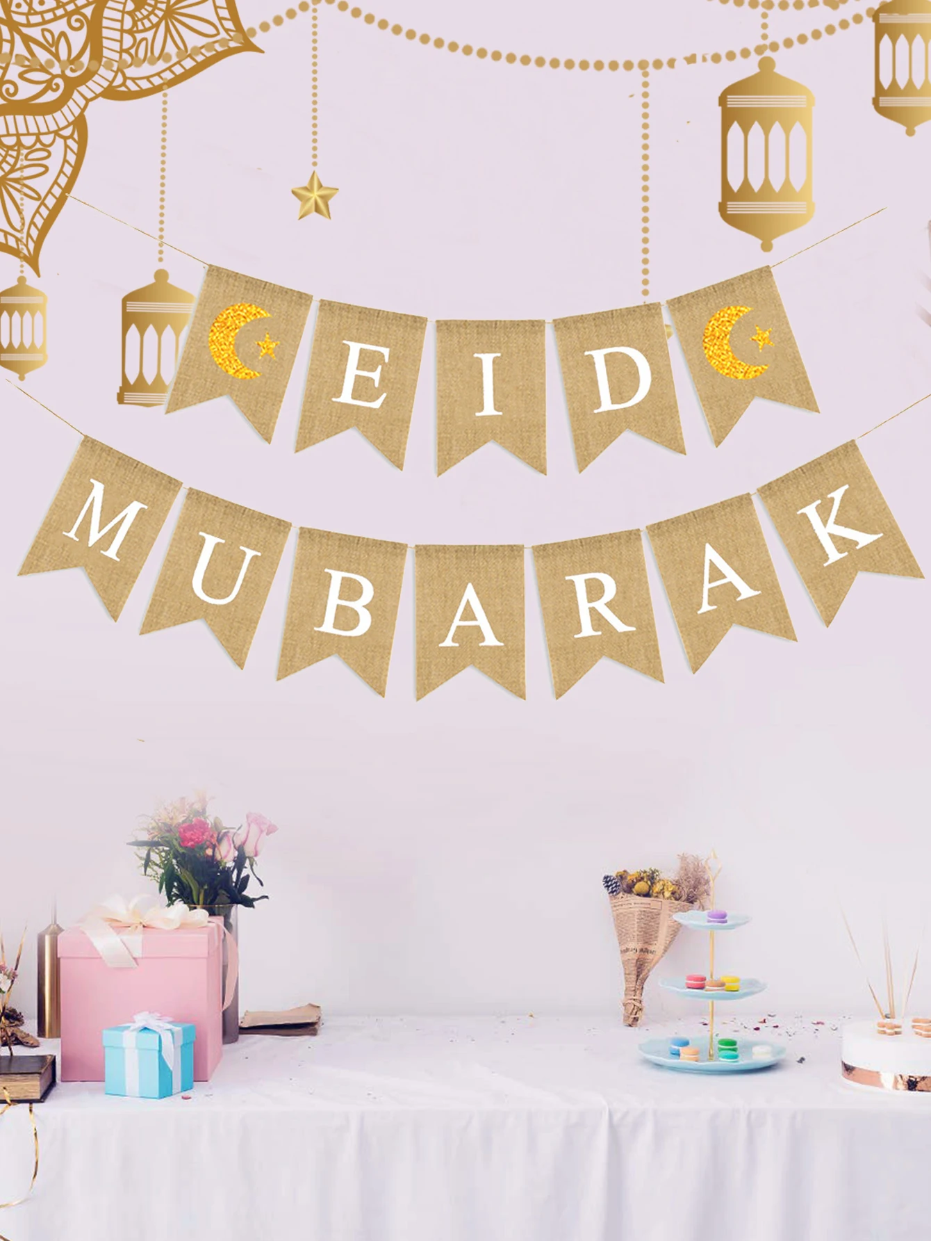 1set linen Eid Mubarak Banner Ramadan Eid al-Fitr Decorations Star Moon ...